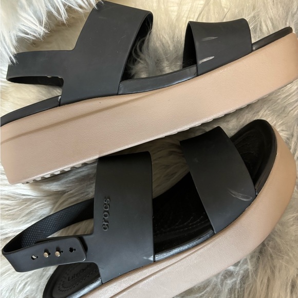 CROCS | Shoes | Lite Ride By Crocs Brooklyn Low Wedge Sandals Black Tan ...